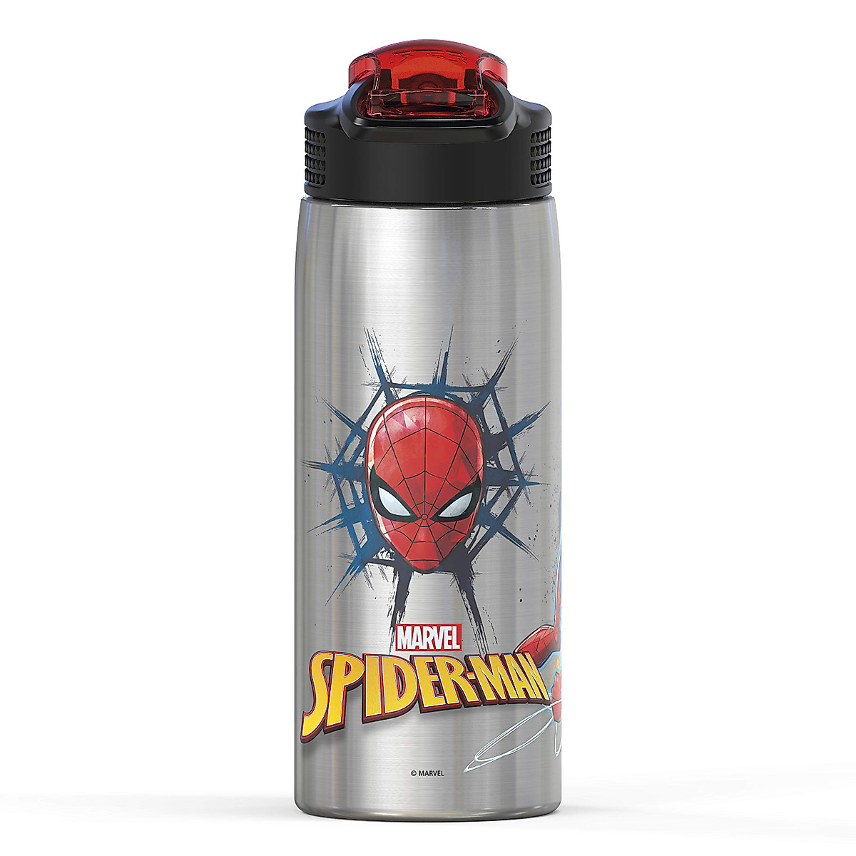 Zak Designs 27oz Marvel 18/8 Single Wall Stainless Steel Water Bottle with Flip-up Straw and Locking Spout Cover, Durable Cup for Sports or Travel (27oz, Spider-Man)