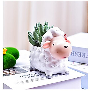 Cute Animal Sheep Small Flower Pot with Drainer Garden Flower Pot Resin Succulent Potted Bonsai Plant Stand Home Desk Mini Ornaments Without Plants