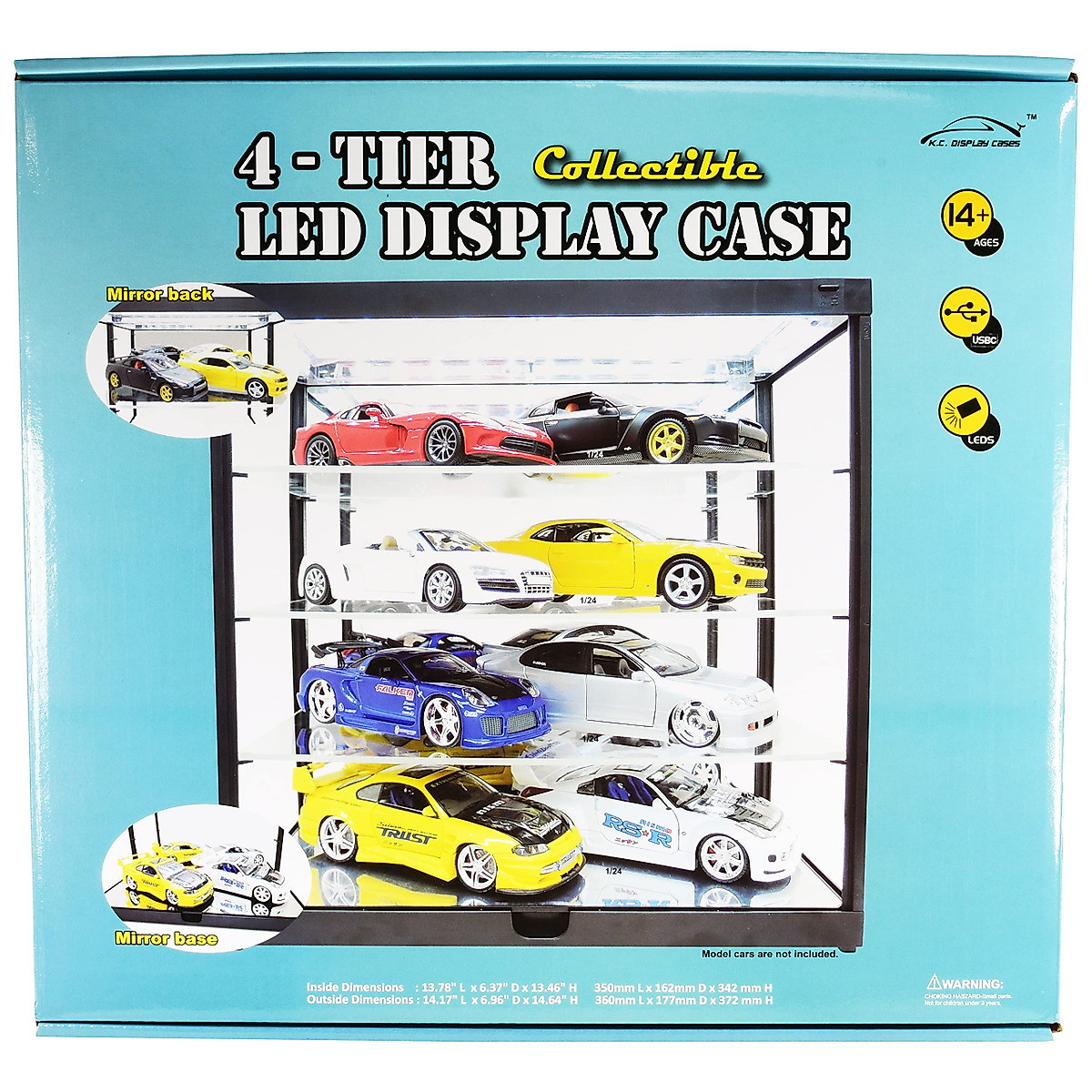 Collectible 4-Layer Display Showcase with USB Powered LED Lights Black for 1/18 1/24 1/32 1/43 1/64 Scale Models MJ7840 MBK