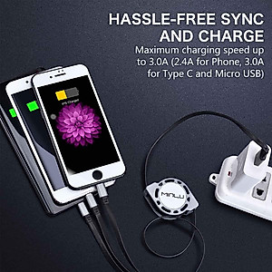 Retractable Charging Cable 3A, 3Pack 4Ft Multi Charging Cable Multi Fast Charger Cable 3 in 1 Multi USB Cable with IP/Type C/Micro USB Port for Cell Phones/Tablets/Samsung Galaxy/LG/Huawei/PS & More