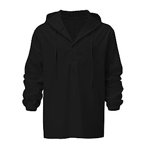 GDJGTA Tshirts for Men Autumn Hooded Tops Casual Solid Tee Shirt Long Sleeve Cotton Linen Shirt Pullover Blouse Hoodies (Black, XXL)