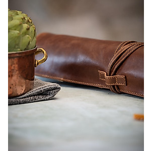 Angus Stoke premium leather Knife Roll Bag - Storage and Protection for Chef Knives, 7 Slots and 1 Zipper Pocket, genuine Buffalo Leather Case Nils (Mahogany)