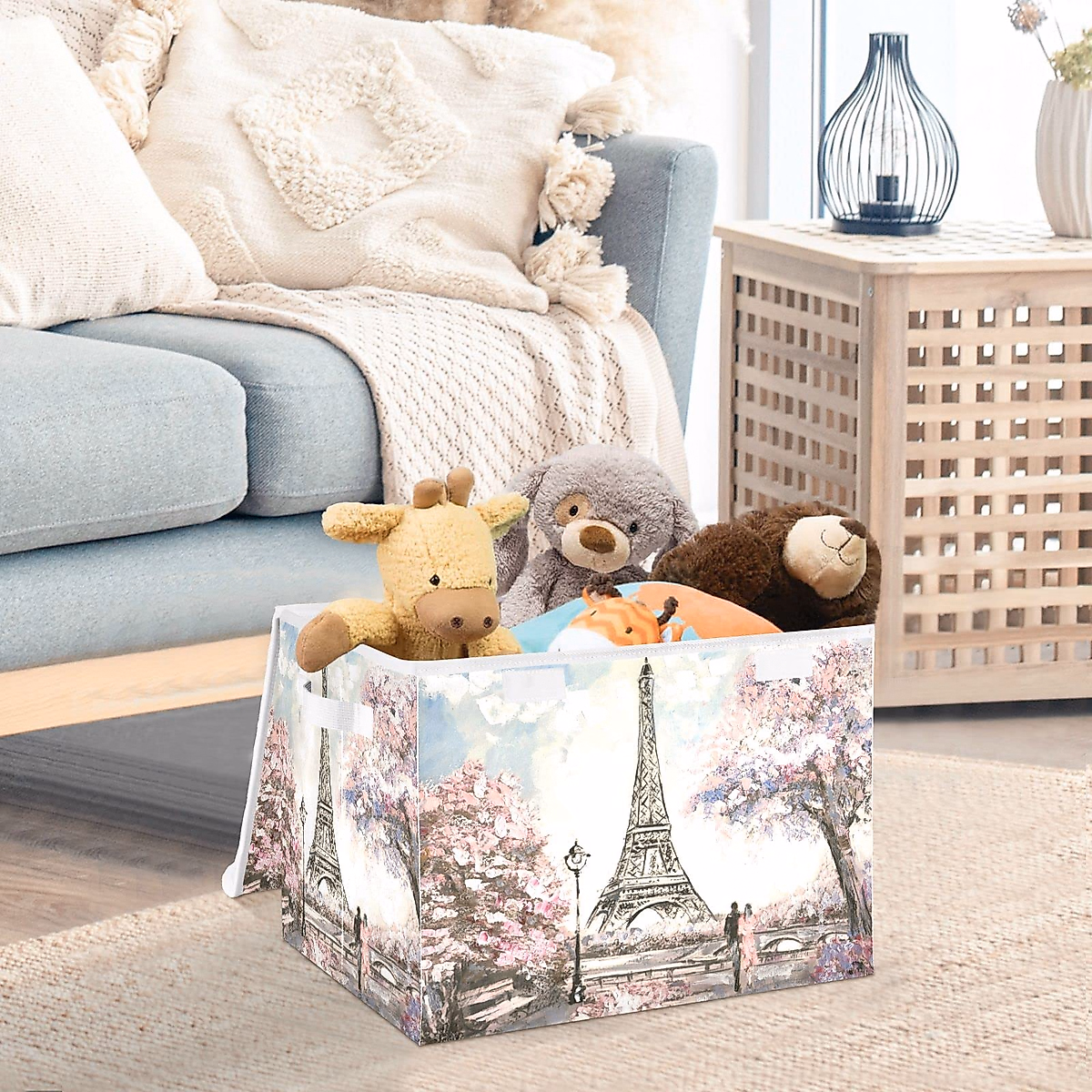 Kigai Beautiful Paris Eiffel Tower Lidded Home Storage Bins, Foldable Storage Basket with Double Handle, Flip-Top Storage Box for Toys Clothes Documents