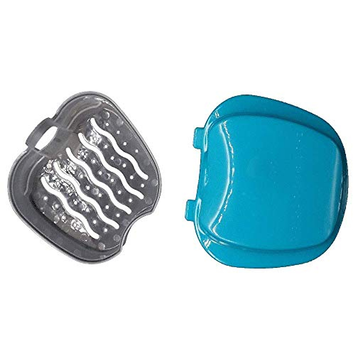 OBTANIM 2 Pack Denture Bath Cup Case Box Holder Storage Soak Container with Strainer Basket for RetainersTravel False Teeth Cleaning (White, Blue)
