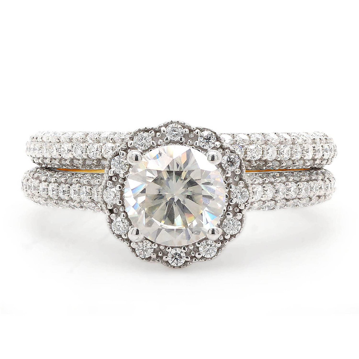 SAVEARTH DIAMONDS 1 1/2 ct. t.w Center 6MM Round Cut Lab Created Moissanite Diamond Double Halo Bridal Set Ring in 14k Yellow Gold Over Sterling Silver (VVS1 Clarity, 1.50 Cttw)-8.5