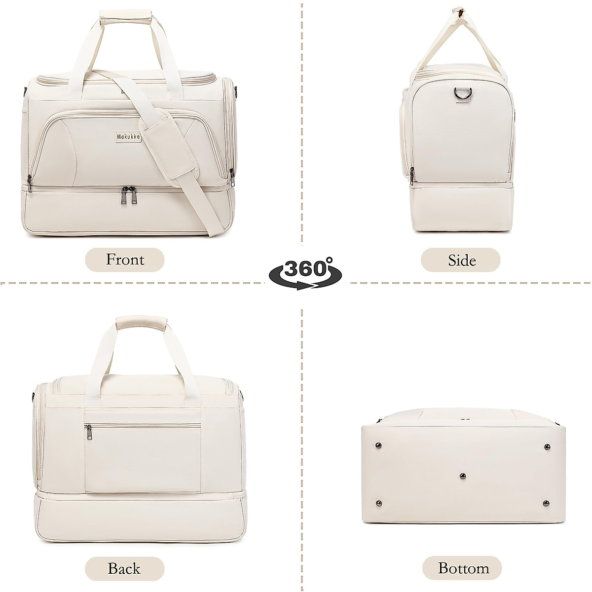 Makukke Weekender Overnight Bag for Women, Large Travel Carry on Duffle Bag with Shoe Compartment & Toiletry Bag, Sports Tote Gym Bag, Beige Weekender Bag