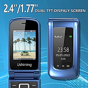 USHINING 4G LTE Unlocked Senior Flip Phone Dual Standby Seniors Cell Phone SOS Big Button Senior Basic Phone for Elderly 2.4 Inch Screen Unlocked Feature Cell Phone with Charging Dock (Blue)