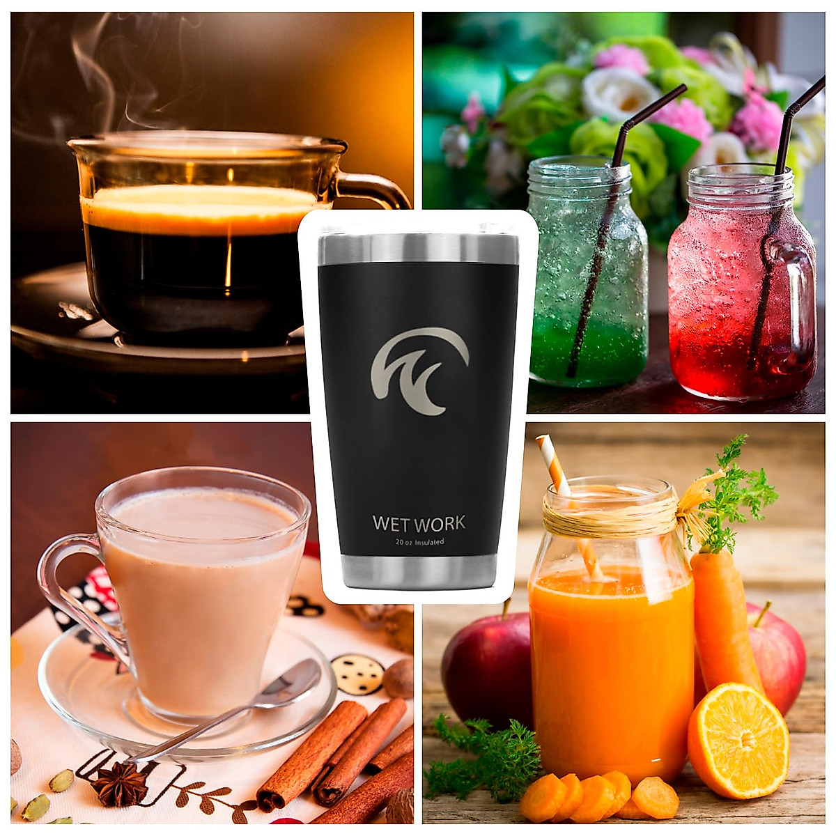 Wet Work Double Wall Tumbler 20 oz Made from Durable Stainless Steel for Hot and Cold Drinks - Insulated Travel Mug for Coffee Tea Wine with Leak Proof Lid for Travel Hiking Camping Gifts - Black