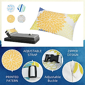 Rasugarlary Chaise Head Rest Pillows Set of 2, Waterproof Outdoor Lounge Pillow Lumbar Pillows with Insert Adjustable Elastic Strap Decorative Pillows for Patio Beach Chair,Yellow Blue Flower