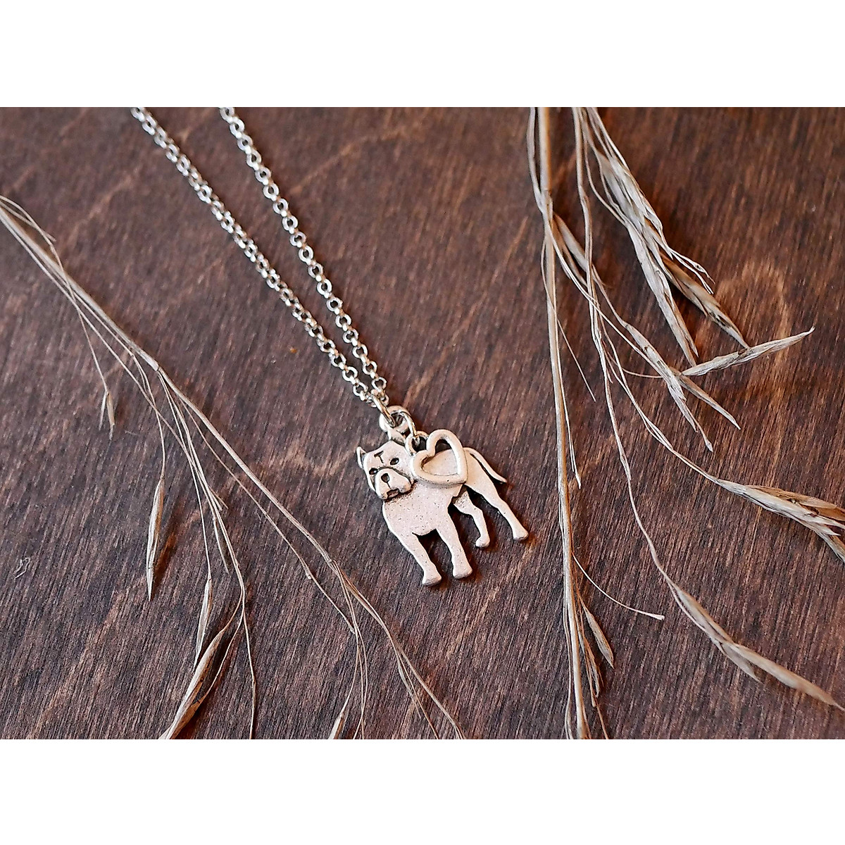 Pitbull Charm Necklace, Pitty Dog Lover Gift, Silver Metal with Heart Pendant on a Chain, Ladies I Love Pit Bull Short Hair
