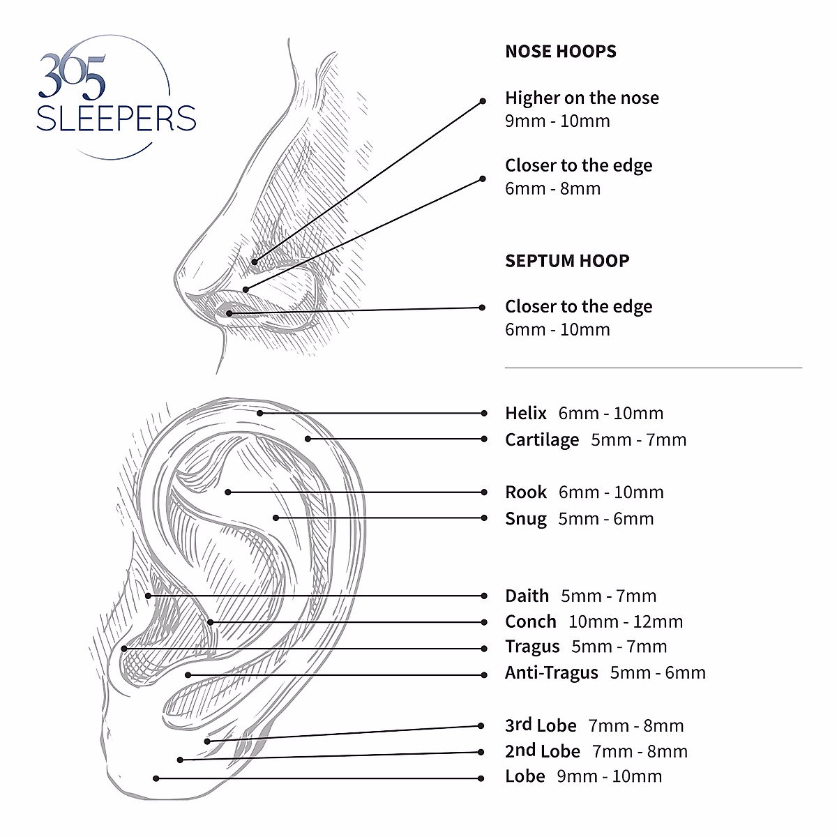 365 SLEEPERS Sterling Silver Unisex Hinged Hoop Nose Helix Tragus Lip Ring Sleeper Earrings - Hand Made In Australia - Nickel Free Hypoallergenic - 8mm - 10mm - 12mm