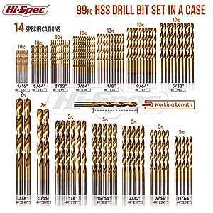Hi-Spec 99pc SAE HSS Steel Drill Bit Set for Drill Drivers. 1/16 to 3/8" Size Bits for Metal, Plastics, Wood and Drywall. Complete in Storage Holder Case