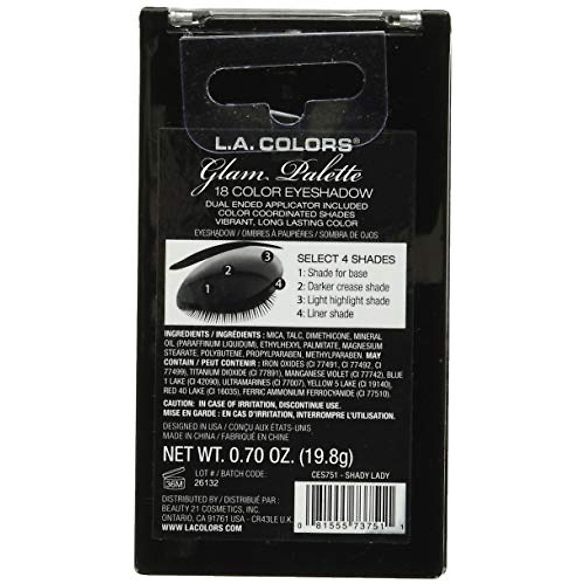 L.A. COLORS 18 Color Eyeshadow Palette, Shady Lady, 0.70 Oz,Powder