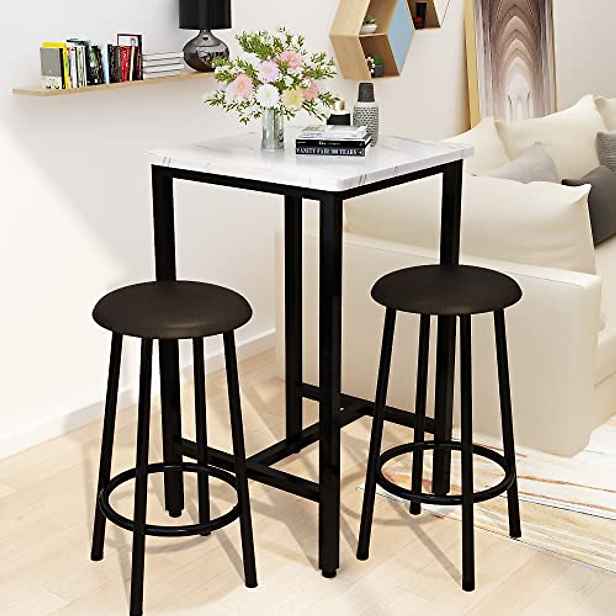 DKLGG 3-Piece Bar Table Set, 24" Square Counter Height Pub Table Dining Table Set with PU Leather Stools, Small Kitchen Table Bar Table and Chairs Set for Living Room, Kitchen, Small Space