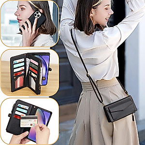 DKDKSIP for iPhone 15 Pro Max Wallet Case for Women, Support Wireless Charging with RFID Blocking Card Holder, PU Leather Zipper Wallet Detachable Magnetic Phone Case with Crossbody Strap, Black