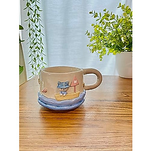 Adorable Journey cat. Cute Handmade ceramic cup, Hand-painted mug, Unique Surprise gift for Christmas or Birthday. Dishwasher and Microwave safe