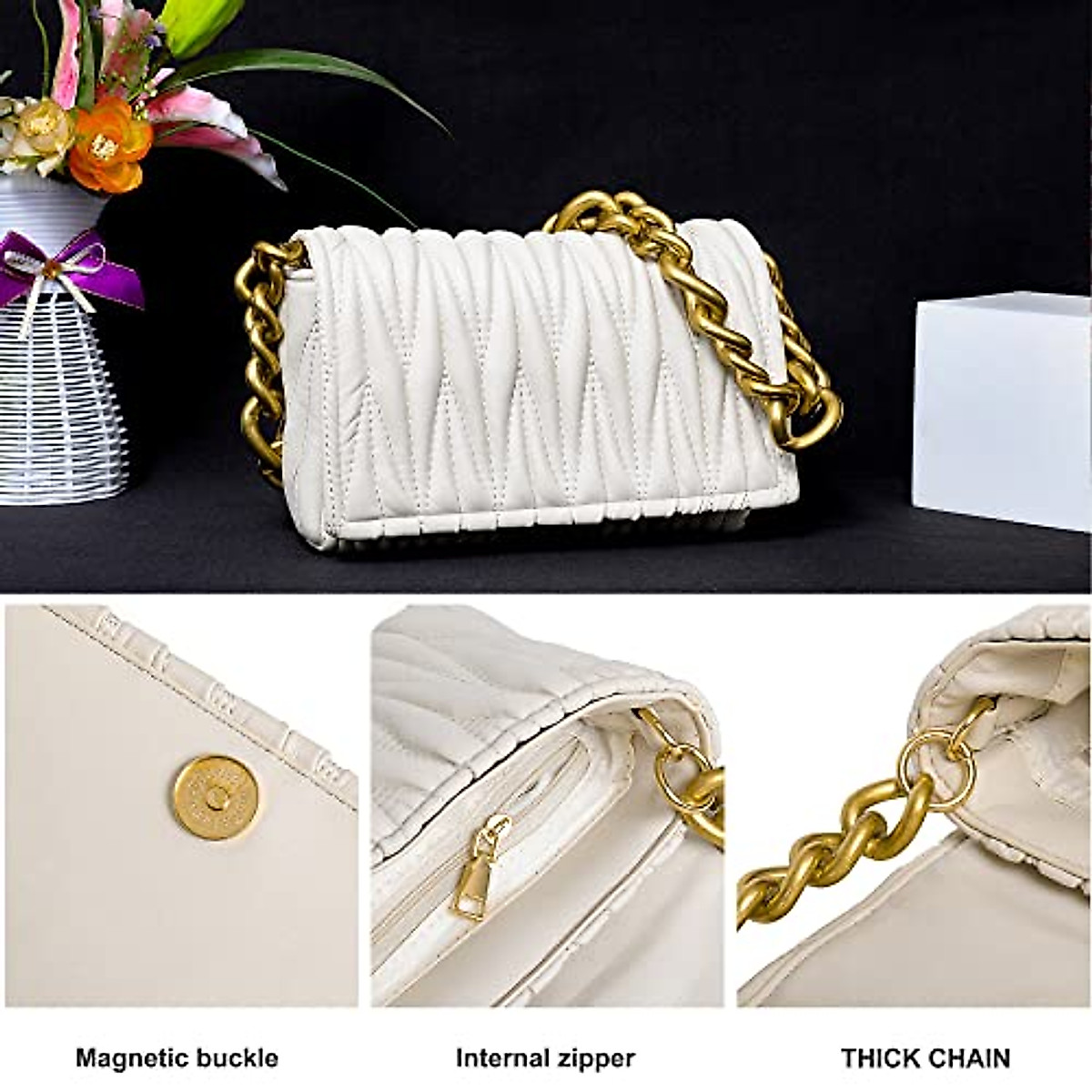 Montana West Small Shoulder Bag for Women Quilted Clutch Purses and handbags Chunky Chain Flap Satchel MWC-060BG