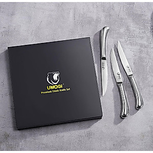 Steak Knives Set of 6 - Premium Stainless Steel, Dishwasher Safe - Polished Shiny Blade & Handle, Straight Edge - Kitchen Table Knife Set 4.5 Inch Dinner Knives Non Serrated UMOGI