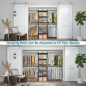 Timate P6i Heavy Duty Garment Rack Clothes Rack Adjustable Walk in Closet Organizer System Wall Mounted Closet Organizer Kit Expandable Hanging Rod 5-Tier Closet Storage Shelves, Fit 6-9ft Space Black
