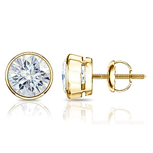 Diamond Wish 1 Carat Moissanite Round Stud Earrings in 14k Yellow Gold (J-K, 5 mm, TGW) Bezel Set Screw Back