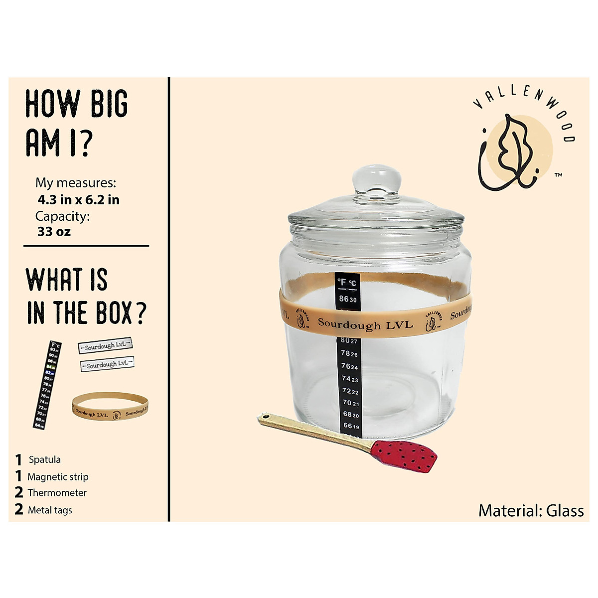 VALLENWOOD Sourdough Set: Clear Thicker Glass Jar 34oz, 1L With Lid. Plus Silicone Band Level Tag, Thermometer With Magnetic Strip And Spatula. For Fermenting. For Starter (Circular)