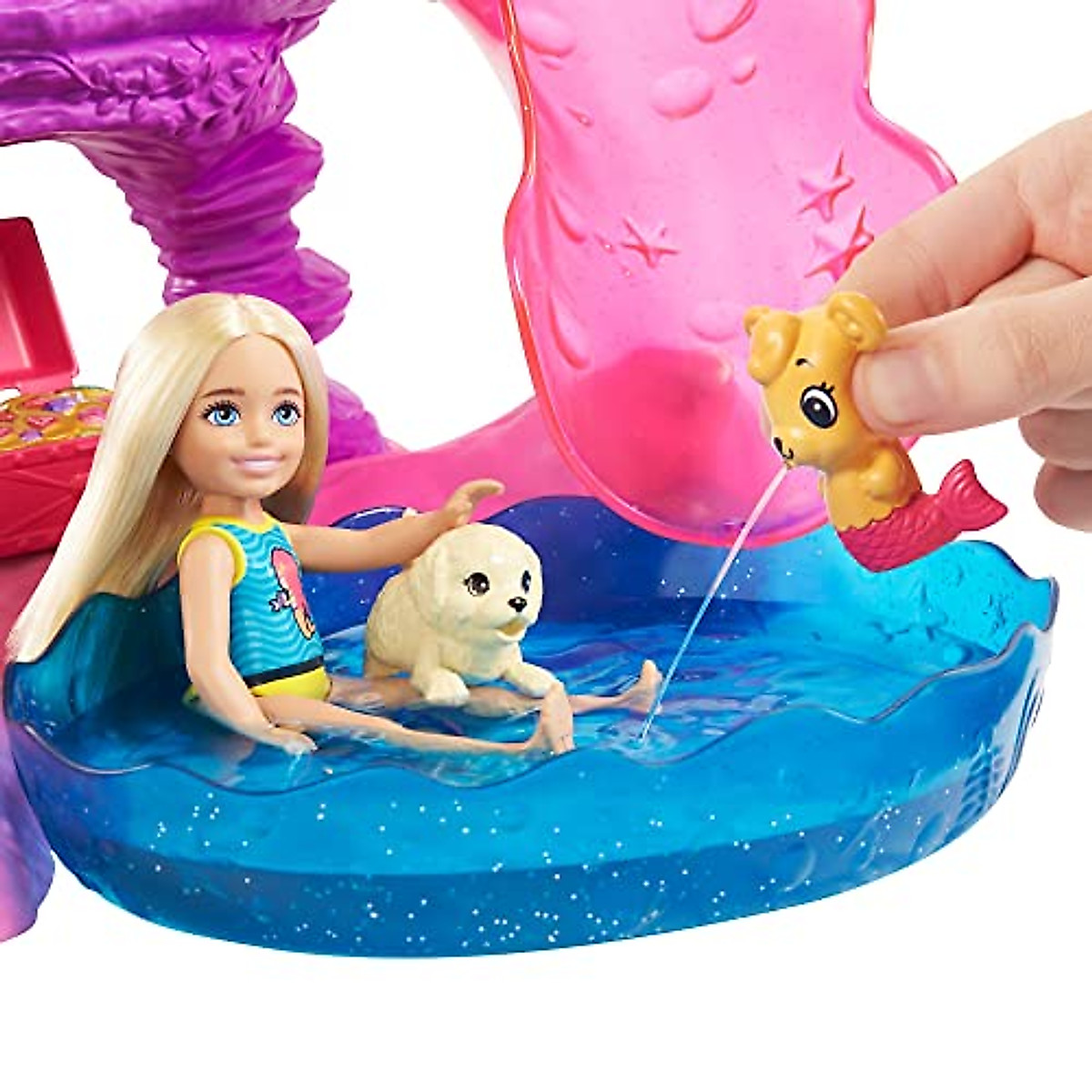 Barbie Dreamtopia Chelsea Water Lagoon Playset with Chelsea Doll (6 in Blonde), 2 Pets, Slide, Pool & Swing, Gift for 3 to 7 Year Olds
