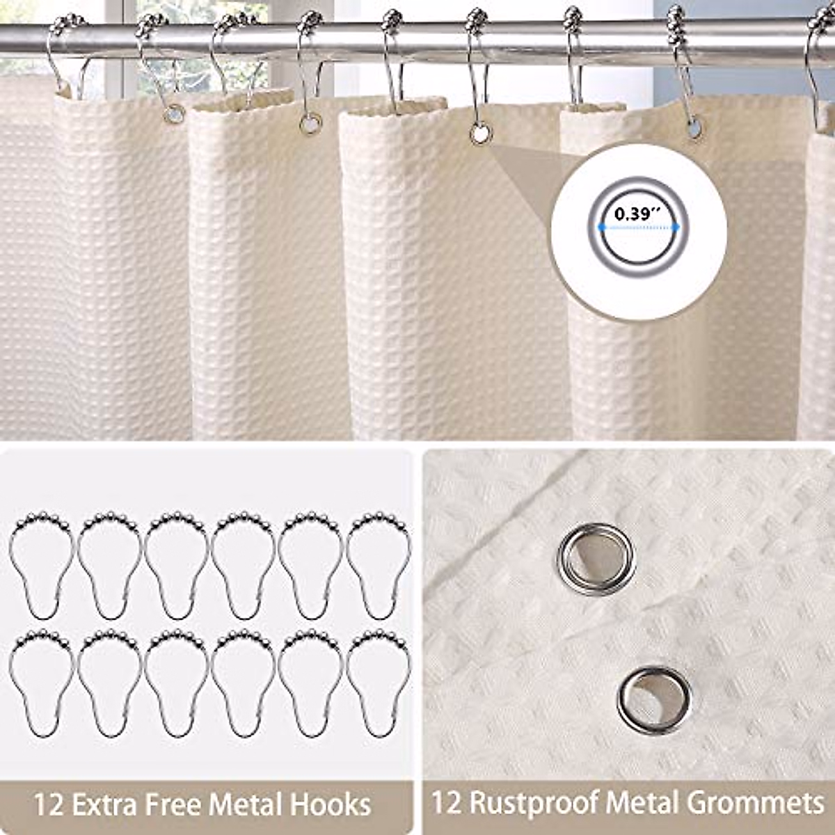 Upgraded Waterproof Shower Curtain for Bathroom with Metal Hooks Waffle Fabric Shower Curtain Heavy Duty Bath Curtain for Wet Room Bathtub Shower Stall, Weighted Hem - 72 x 72 (Cream White)