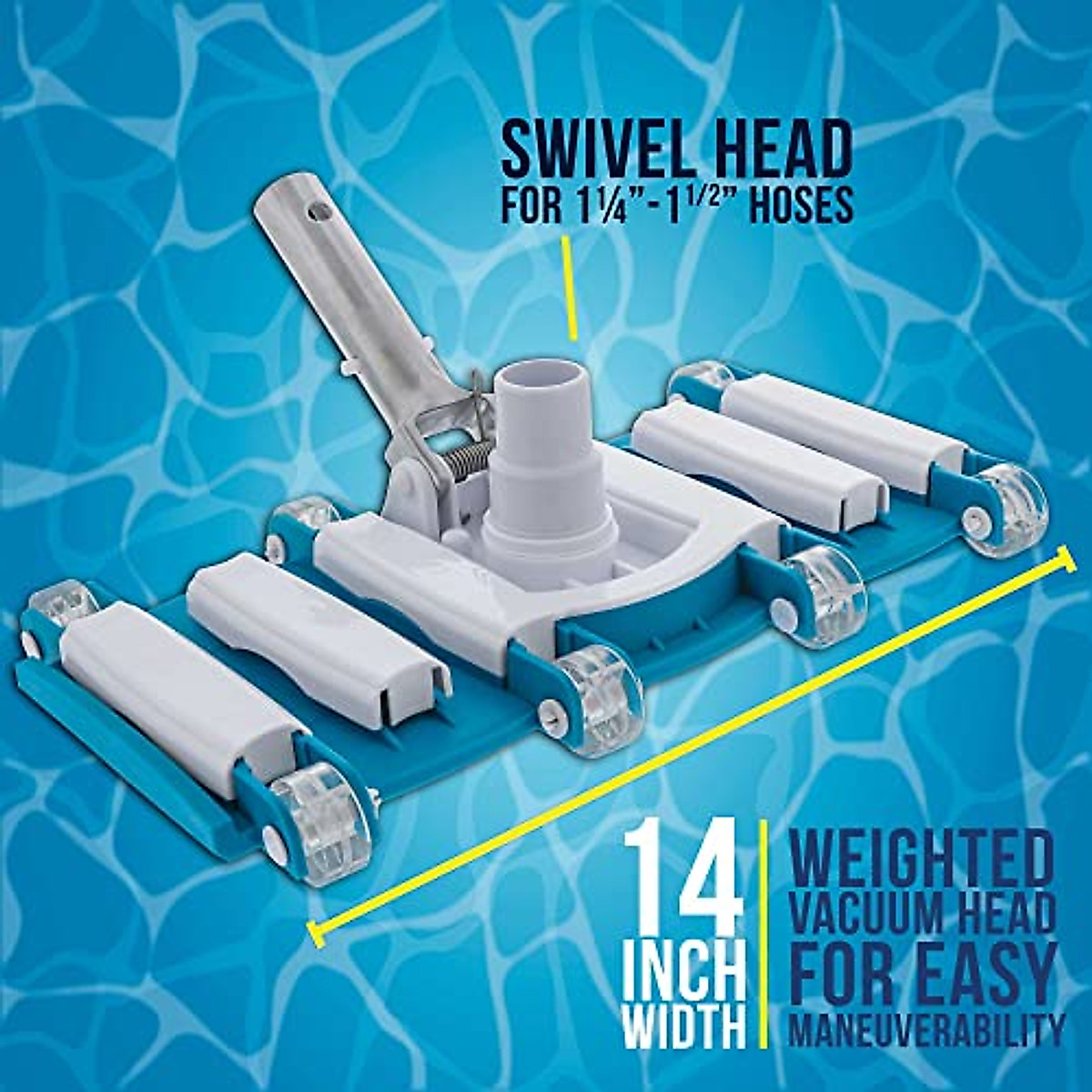 U.S. Pool Supply 14" Weighted Flexible Concrete Swimming Pool Vacuum Head with Swivel Hose Connection & Aluminum Spring Action Pole Handle - Connect 1-1/4" or 1-1/2" Hose