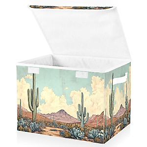 STAYTOP Cactus Collapsible Storage Bin with Lid,Decorative Storage Box Cube Organizer Container Storage Baskets for Bedroom Closet Living Room