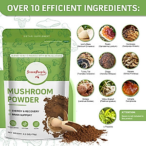 GREENPEOPLE Mushroom Powder - Mushrooms Supplement Blend for Coffee & Smoothies - Lions Mane, Turkey Tail, Reishi, Chaga, Shiitake, Cordyceps, Complex - 6.2oz Mushroom Supplement(60 Servings)