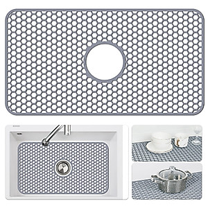 Bestjing Silicone Sink Mat - Protectors for Kitchen Sink with Center Drain, 26"x 14" Kitchen Sink Grid, Non-Slip Heat-Resistant Sink Mat for Bottom of Farmhouse Stainless Steel Sink (Center Hole)