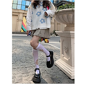 Sahabowi White Pearl Flower Handcraft Calf Socks For Women, Nylon Silk High Knee Stockings, Elastic Stretch Thin(HS2023042407white, 1pair)