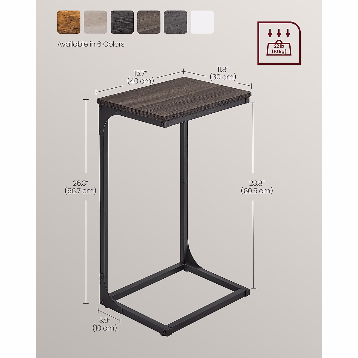 VASAGLE C-Shaped End Table, Side Table for Sofa, Couch Table with Metal Frame, Small TV Tray Table for Living Room, Bedroom, Chestnut Brown and Black