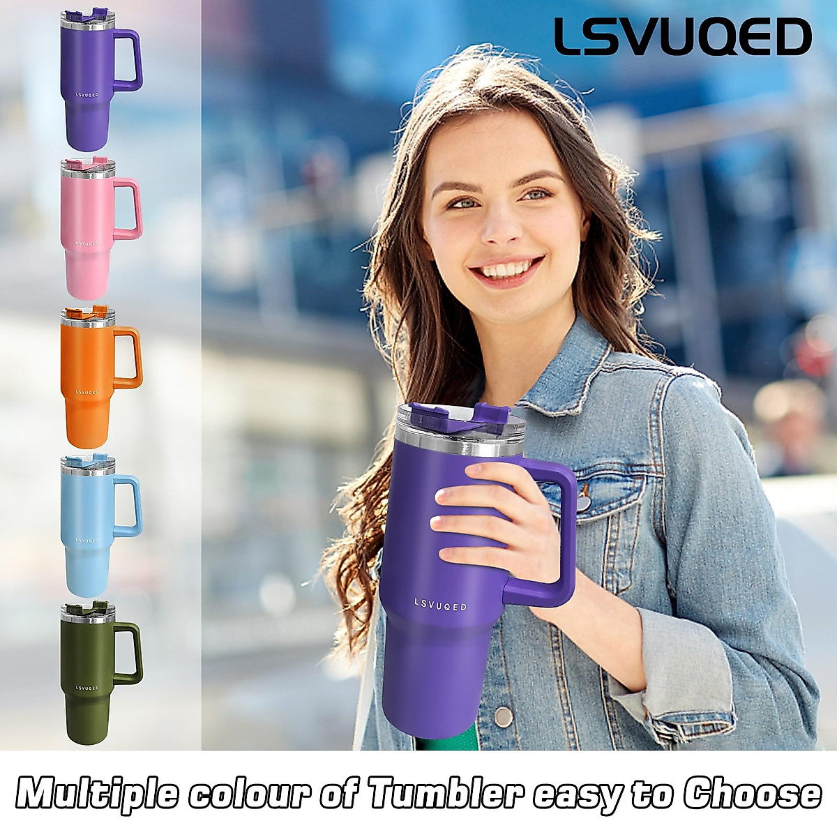 LSVUQED Insulated Cup Vacuum Insulated Stainless Steel Water Bottle,40 oz Tumbler with Handle Perfect for Car Cup Holders.(Purple)