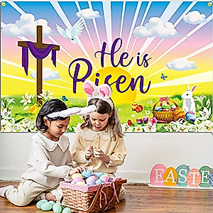 JKQ Easter He is Risen Backdrop Banner 73 x 43 Inch Large Size Jesus Resurrection Cross Sun Lily Background Banner Religious Holiday Party Decorations Easter Spring Indoor Outdoor Photo Booth Props