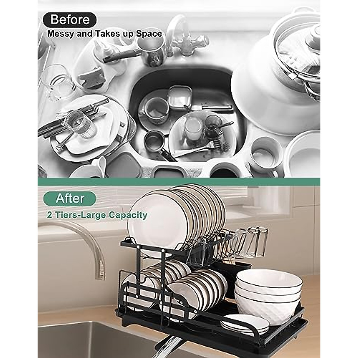 YUSHINDI 2 Tier Collapsible Dish Drying Rack for Kitchen Counter，Stainless Steel Dish Racks ，Space-Saving & Multipurpose，Dish Rack for Kitchen Counter with Utensil Holder,， Large-Capacity, Black