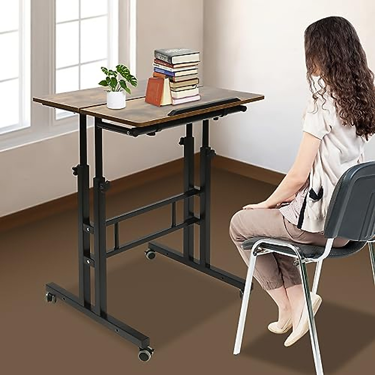 LOHISHILO Mobile Stand Up Desk Adjustable Laptop Desk with Wheels Storage Rolling Table Cart for Standing or Sitting, for Home Office Workstation, Iron-Brown, 27.5-45.3in