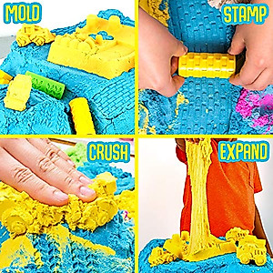 SlimySand Construction, 2 Pounds of SlimySand (Blue and Yellow), 3 Fun 3D Molds, 2 Rollers & 1 Reusable Box For Hours Endless Hours of Play. Super Stretchy & Moldable!