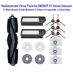 DEEBOT X1 Series Replacement Accessories Set Fit for ECOVACS X1 Omni / X1 TURBO Robot Vacuum Include 1 Main Brush 6 Side Brushes 2 Filter 4 Mop Pads 3 Dust bag Parts