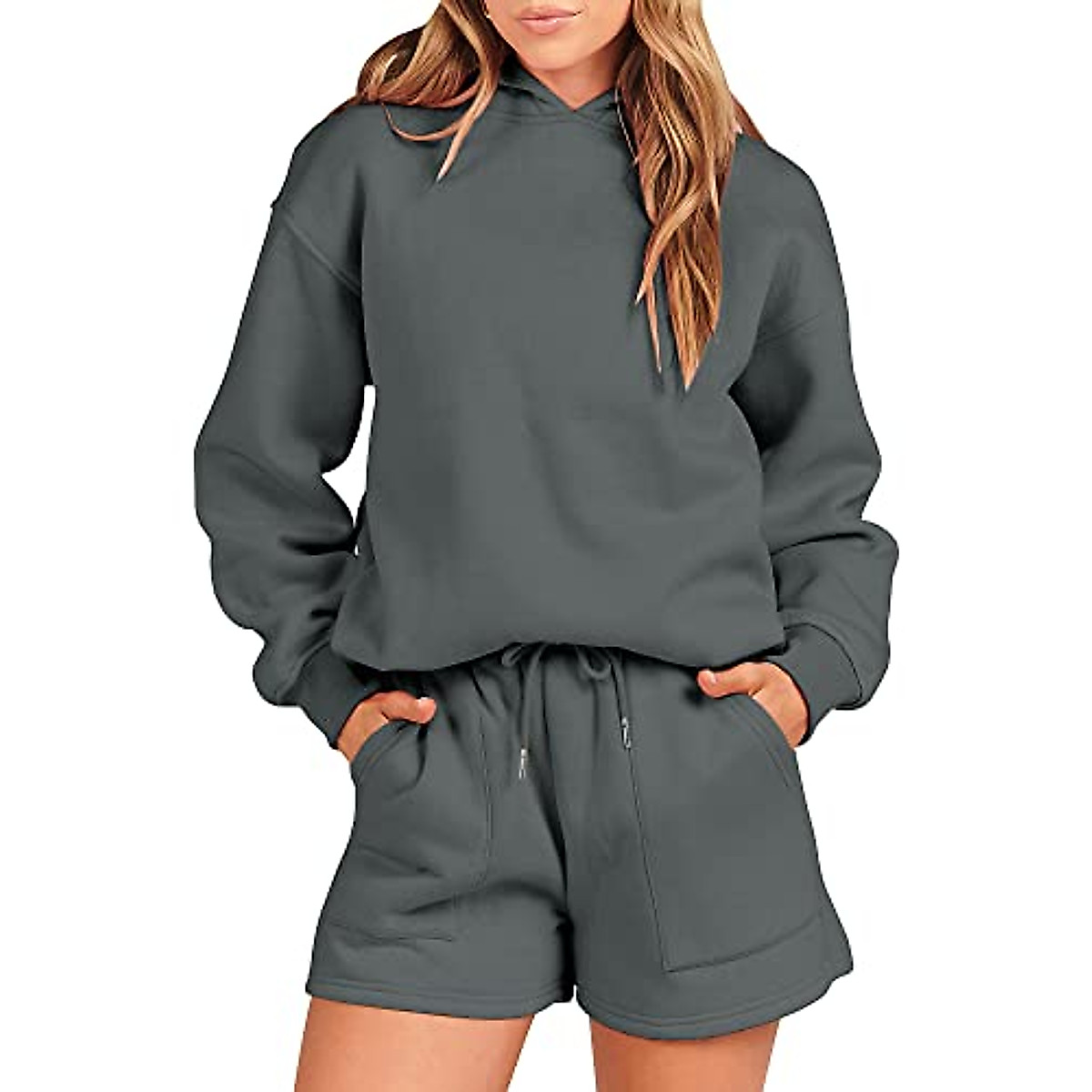 ANRABESS Women 2 Piece Outfit Oversized Hoodie Sweatshirt Shorts Lounge Sweat Set Sweatsuit Tracksuit 2025 Trendy Y2K Clothes Dark Grey Medium
