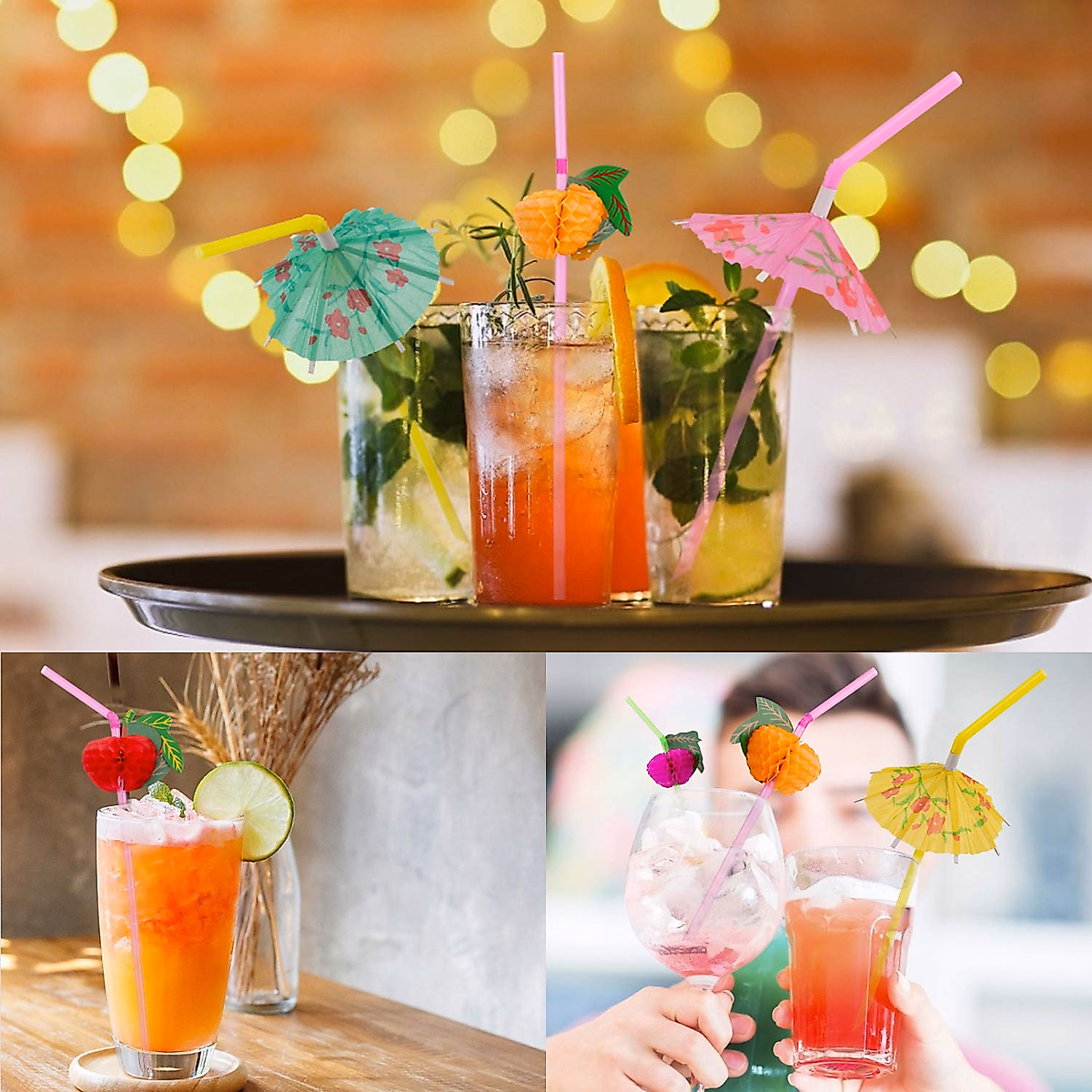 100 Pcs Disposable Straws Fruit Straws Umbrella Straws Party Table Decor Tropical Drinks for Cocktail Soft Drinks Hawaiian Luau Party Supply (50 Fruit + 50 Umbrella Straws)
