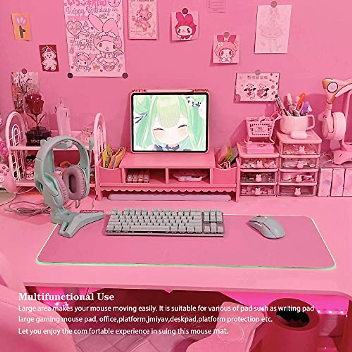 JMIYAV Pink RGB Gaming Mouse Pad 31.5x12 Inch PC XL Large Extended Glowing Led Light Up Desk Pad Non-Slip Rubber Base Computer Mouse Pad Cute Mousepad Mat 31.5x12 Inch Upgrade