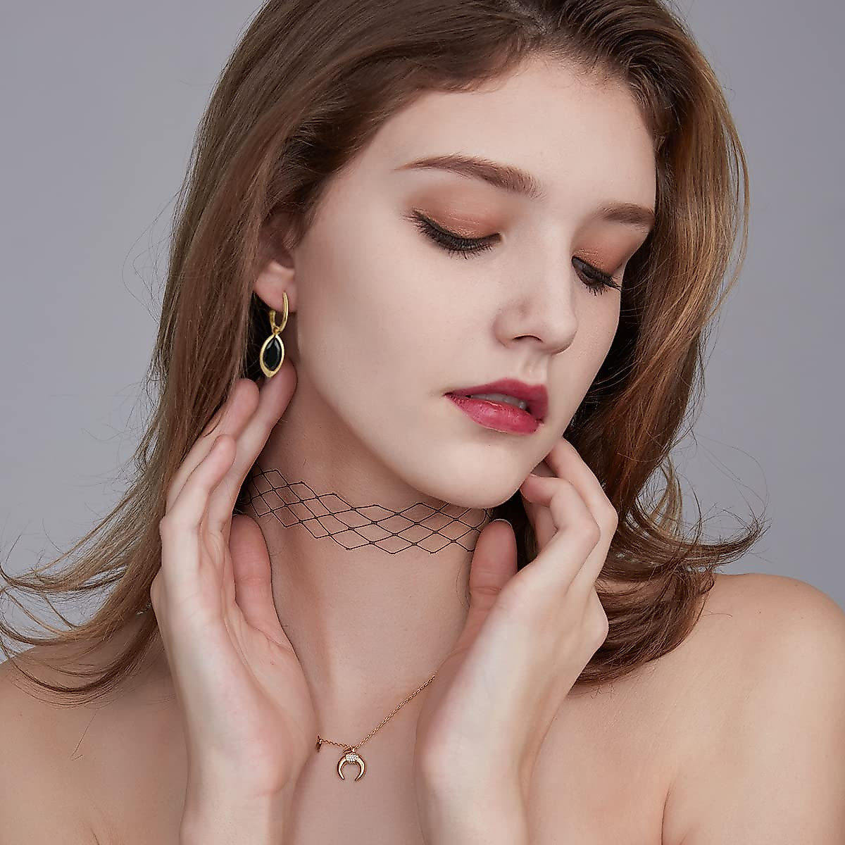 BELLNA 925 Sterling Silver 14K Gold Dainty Earrings for Women Dangle Cubic Zircoina Marquise Brilliant Cut Dangle Hoop Earrings for Women Girl Her Wedding Party Gift (Black CZ)