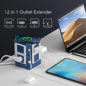 PD 20W USB C Power Strip with Wireless Charger BESTEK 8-Outlet Surge Protector and 30W 3-Port USB Charging Dock Station,4000 Joules,ETL Listed,Dorm Room Accessories (8AC+3USB+Wireless Charger-Blue)
