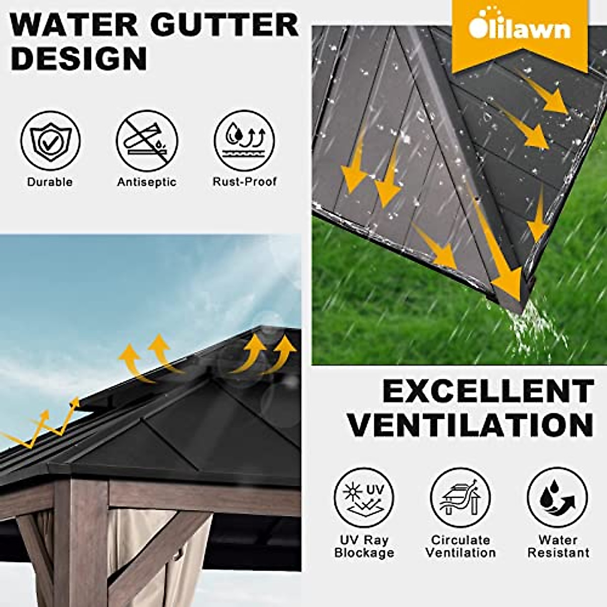 12' x 14' Gazebo, Outdoor Hardtop Gazebo with Wood Finish Aluminum Frame, Galvanized Steel Double Top Gazebo with Ventilation, All-Weather Metal Gazebo with Netting and Curtains, for Patios Gardens