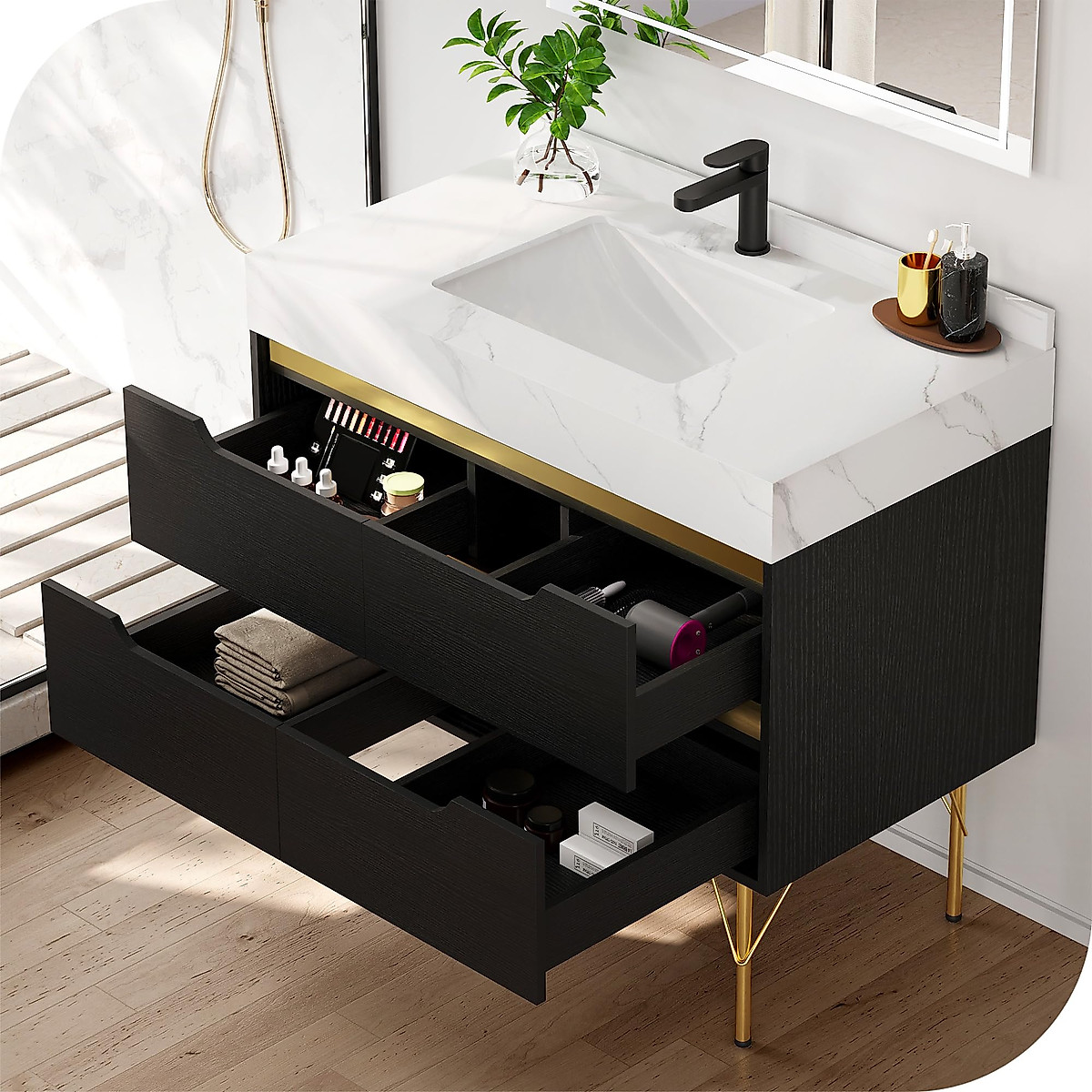 HERNEST Bathroom Vanity with Sink 36 Inch Bathroom Cabinet Freestanding Storage Vanity with Rock Panel Countertop, Ceramic Basin Sink and 4 Drawers, Black