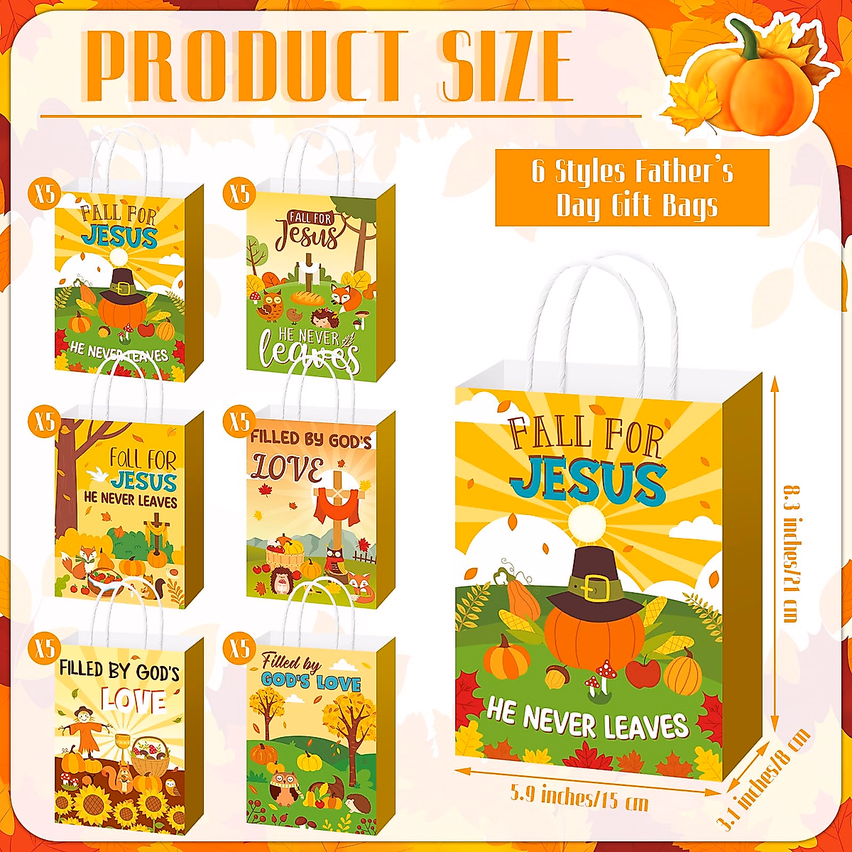 Motiskyy 30 Pcs Thanksgiving Day Gift Bags Religious Paper Bags with Handles Fall Gift Bags Fall Christian Jesus Treat Gift Bag for Harvest Party VBS Church Supplies Decoration, 8.3 x 5.9 x 3.2 Inch