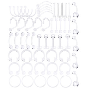 Oveta 55pcs Clear Piercing Retainers Flexible Bioflex 14G 16G 20G Navel Belly Button Ring Lip Labret Eyebrow Tongue Barbells Cartilage Tragus Earrings Retainer