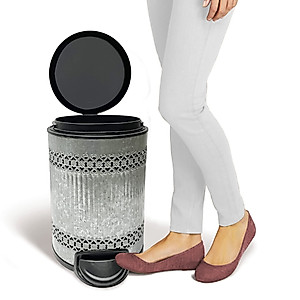 nu steel Laser Cut Galvanised Steel Step Garbage Trash Can & Toilet Brush Holder with Lid: 5 Liter/1.32 gal for The Kitchen, Bathroom, Bedroom, Patio, RV