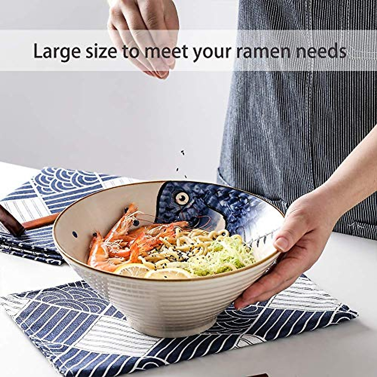 NJCHARMS Ceramic Japanese Ramen Noodle Soup Bowl, 2 Sets (6 Piece) 60 Ounce Ramen Bowls, with Spoons and Chopsticks for Udon, Pho, Asian Noodles, Ramen Noodles Bowl, Blue
